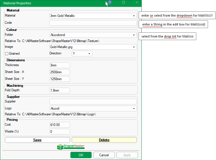 Setup Materials using Materials Manager